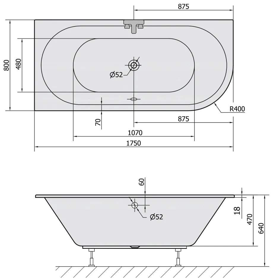 Polysan VIVA L SLIM asymetrická vana 175x80x47cm, bílá 70119S