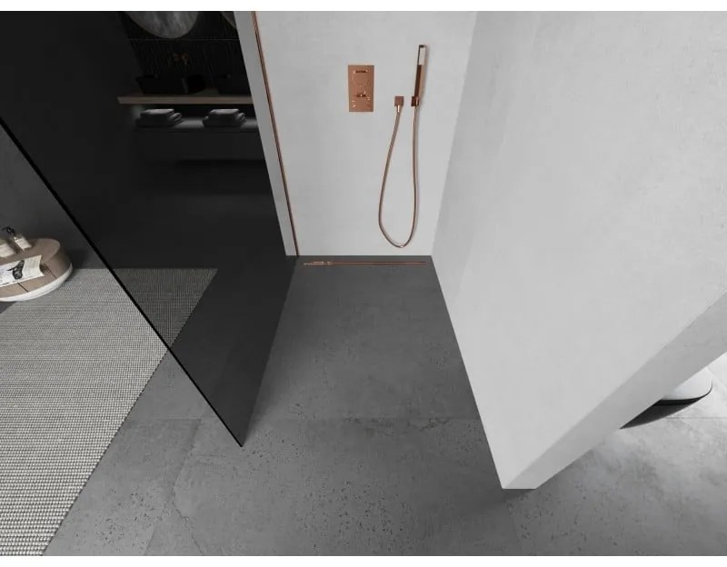 Mexen Kioto L, sprchová zástěna Walk-In 100 x 200 cm, 8mm šedé sklo, růžové zlato profil, 800-100-103-60-40