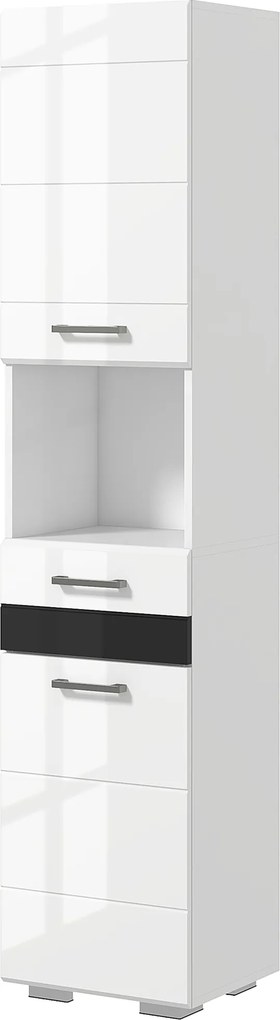 Kleankin sloupec pro úsporu místa do koupelny z MDF, koupelnová skříň s otevřenou policí, zásuvkou a uzavřenou skříňkou, 37x32,5x170 cm, leskle bílá