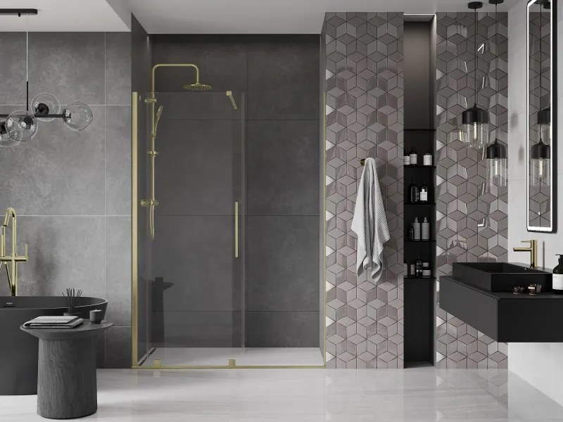 Mexen Velar posuvné sprchové dveře 140 cm, transparentní, kartáčované zlaté - 871-140-000-01-55