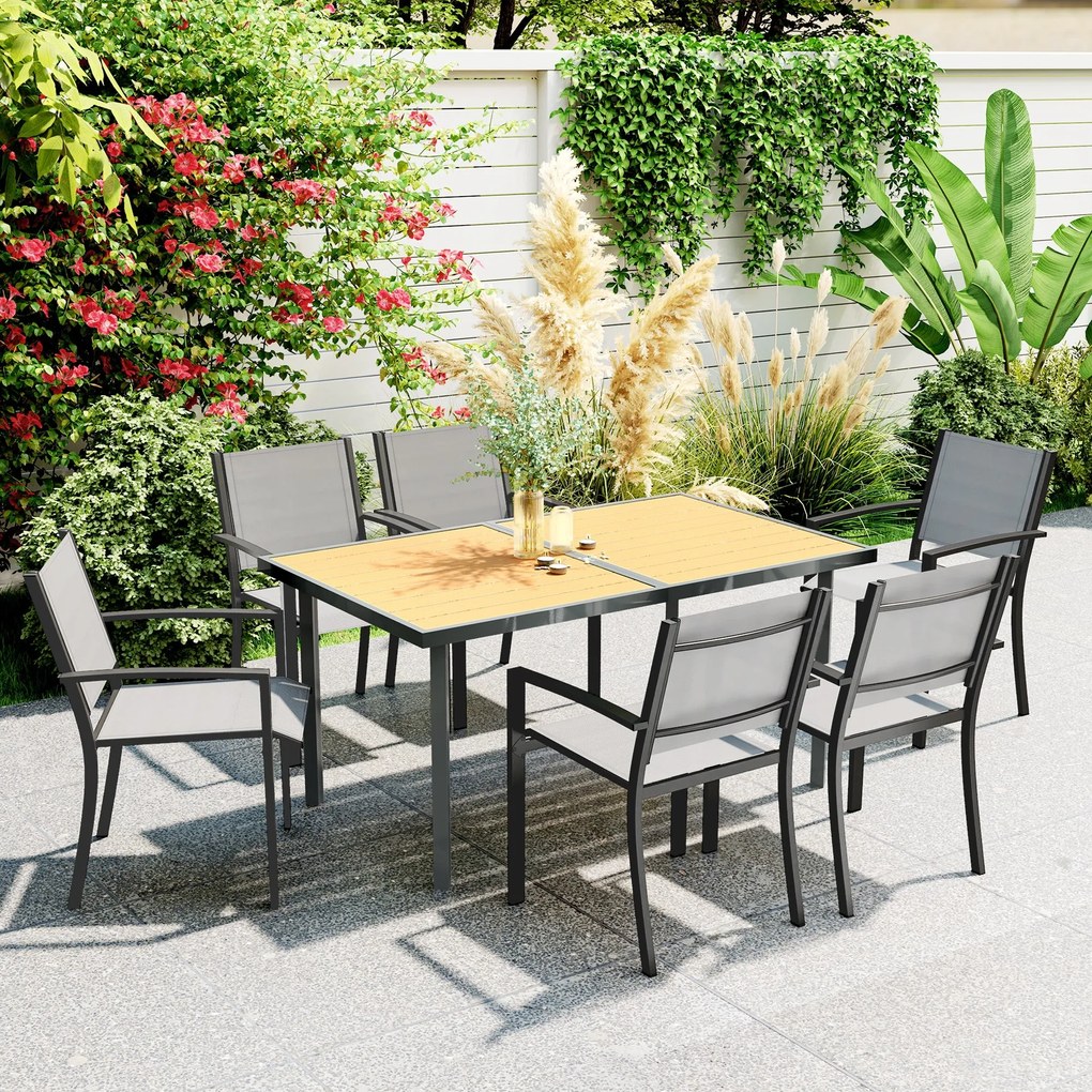 Jídelní stůl Outsunny pro 6 osob, zahradní stůl s obdélníkovým vrchem z oceli s dřevěným efektem, proti rezivění, pro terasu, 150 x 90 x 72 cm, příro…