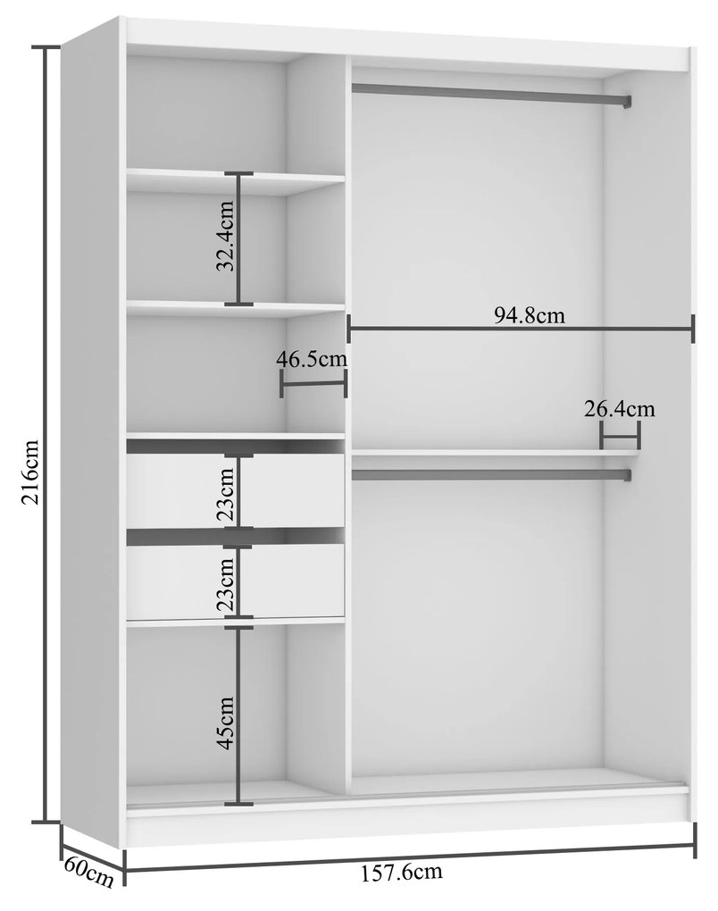 Šatní skříň 158 cm Belini bílý mat / bílý lesk s posuvnými dveřmi zrcadlem a zásuvkami  MGB SZP7/0/W/1L5W/KLAL