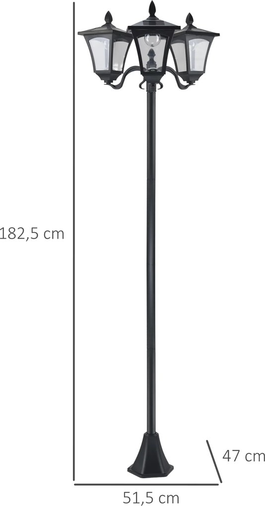 Outsunny solární zahradní lucerna se 3 plameny lucerna solární lucerna osvětlení cesty s LED 120 lumenů IP44 201 nerezová ocel černá 51,5 x 47 x 182,…