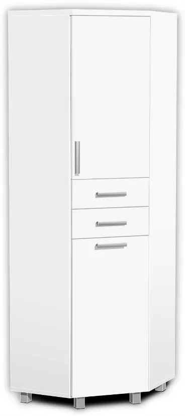 Nabytekmorava Vysoká koupelnová skříňka rohová s košem K35 barva skříňky: bílá 113, barva dvířek: bílý lesk