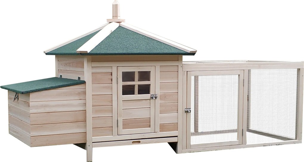 PawHut Kurník pro Bantam Kuře 196 x 76 x 97 cm Kurník s Hnízdem, Venkovní Výběh, Perch pro Malá Zvířata z Dřeva, Přírodní | Aosom