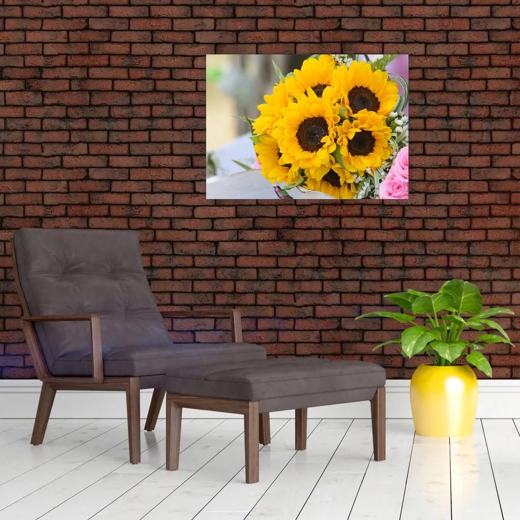 Skleněný obraz svatební kytice ze slunečnic (70x50 cm)