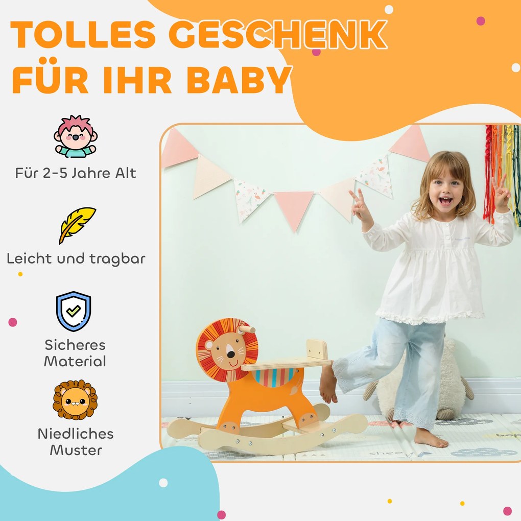 Houpací kůň s designem lva, nosnost 25 kg, 2-5 let, dřevo, oranžový