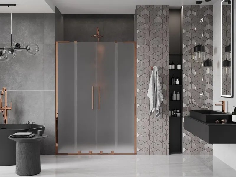 Mexen Velar L Duo, posuvné sprchové dveře do otvoru 140 cm, 8mm sklo námraza, růžové zlato, 871-140-003-32-60