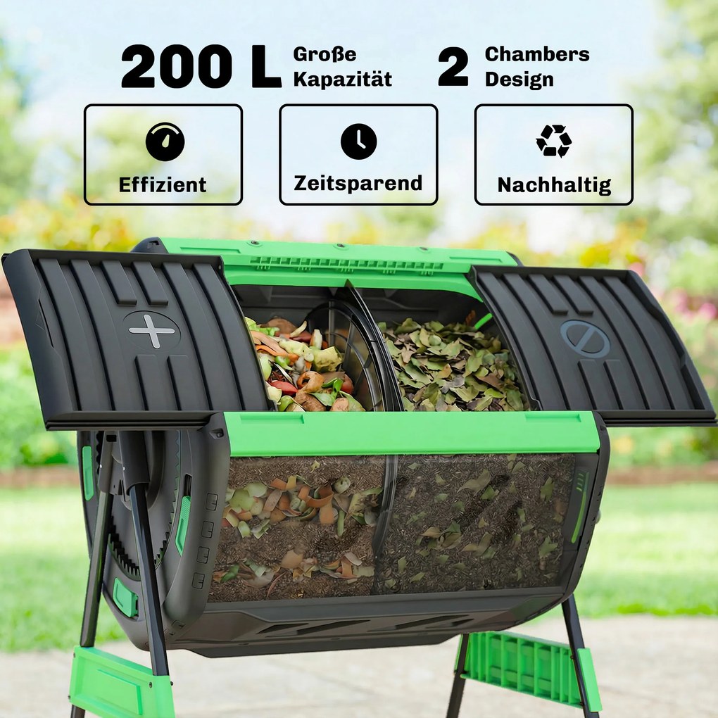 Outsunny 200 l kompostér s otočným bubnem, 94 × 67 × 98 cm – rychlý kompostér s větracími otvory a posuvnými dvířky, odolný plast