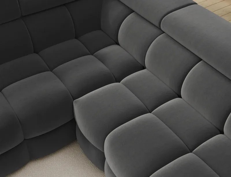 Rohová sedací souprava Carmenn s funkcí spaní, úložným prostorem a nastavitelnými opěrkami hlavy, tmavě šedý plyš, levostranná