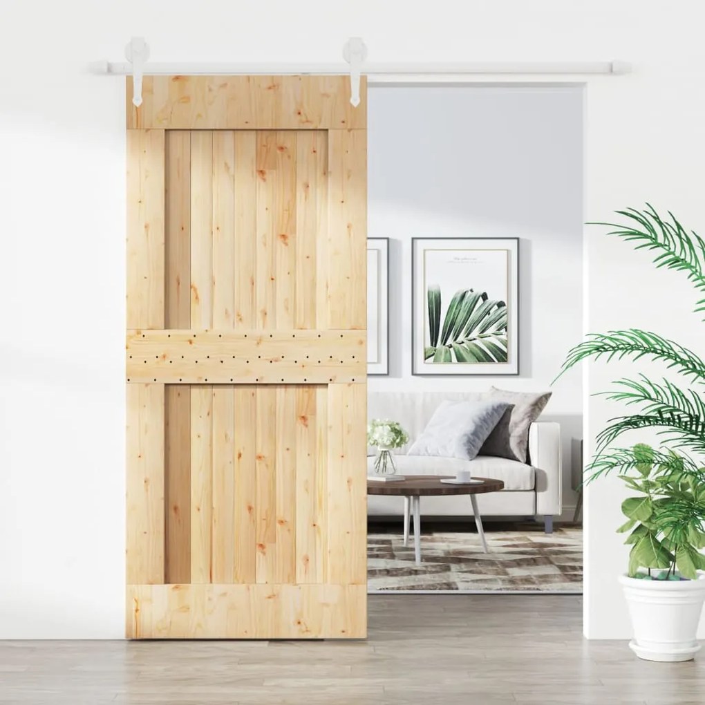 Posuvné Dveře S Kováním 90 X 210 Cm Masivní Borové Dřevo Stříbrná