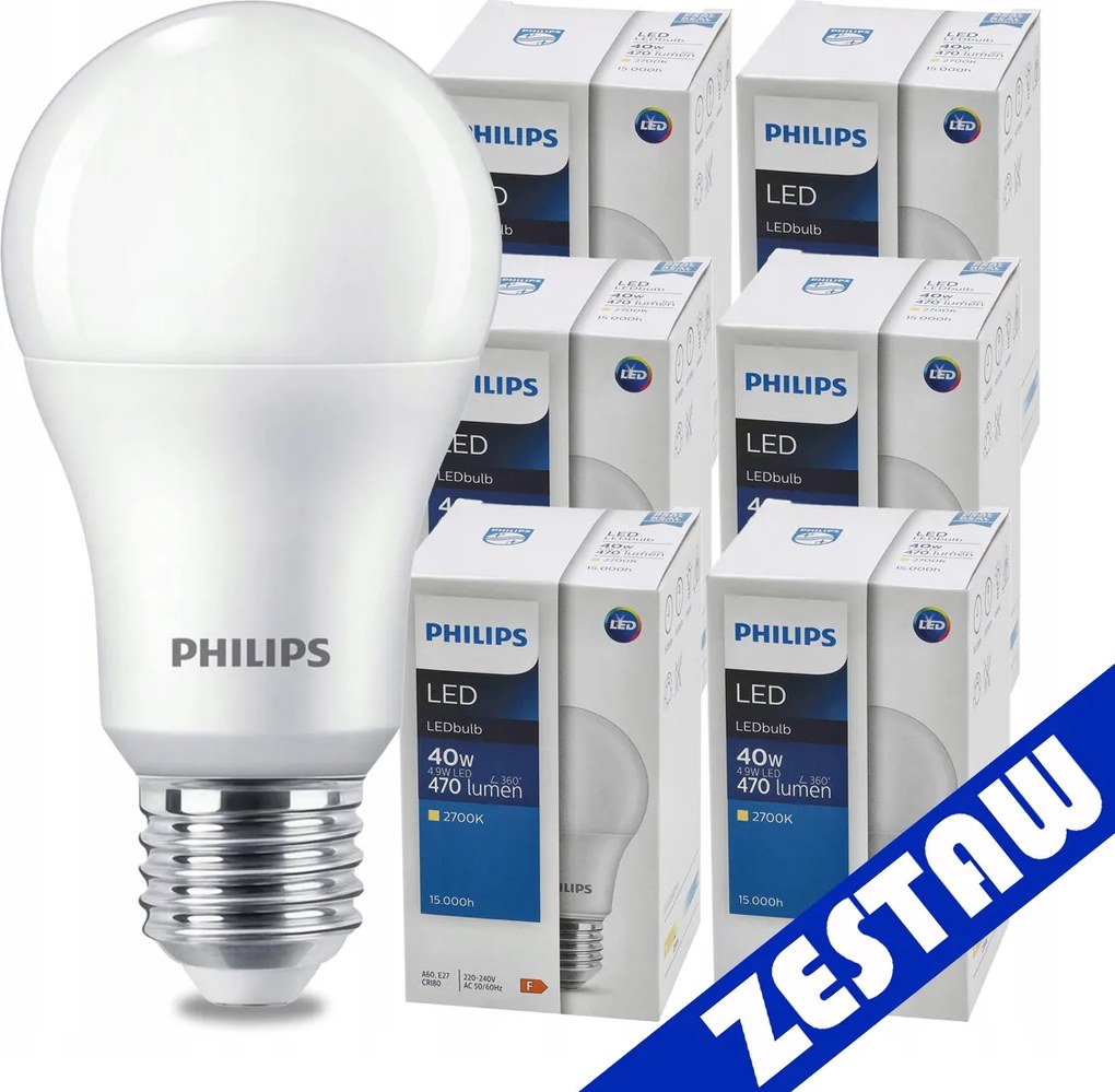 SADA 6 KS LED žárovek PHILIPS E27 4,9W 470lm - teplá bílá