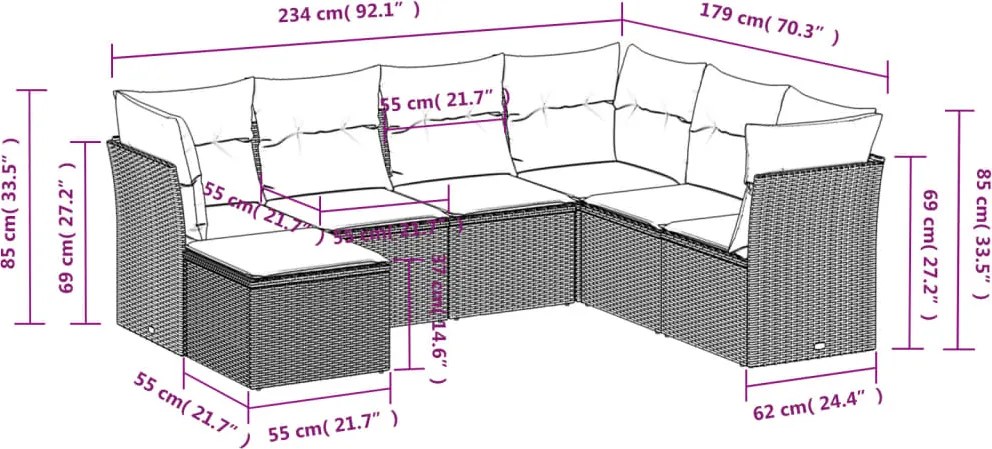 7dílná zahradní sedací souprava s poduškami hnědá polyratan 3249832