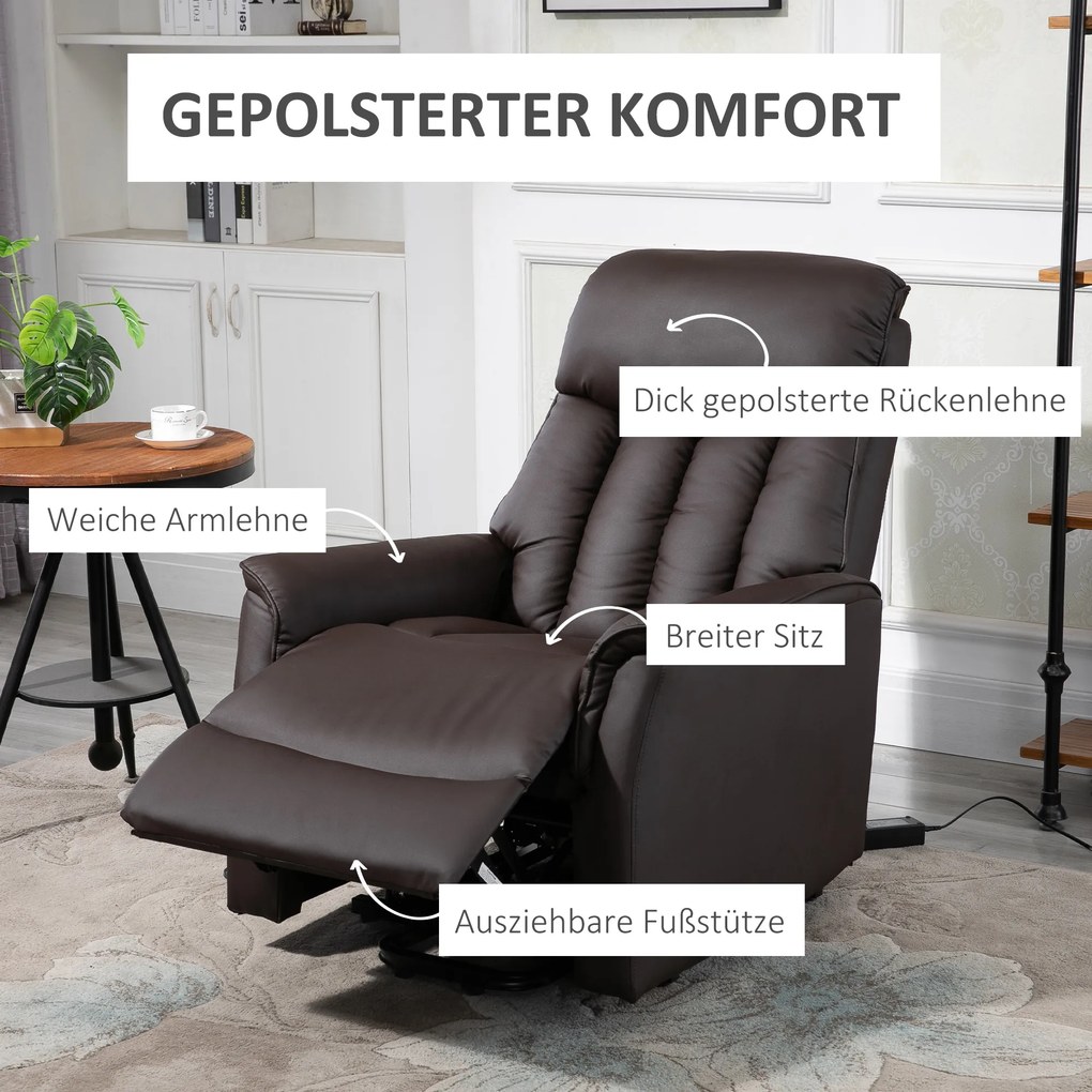 HOMCOM elektrické křeslo se stojanem TV křeslo se stojanem, polohovací s funkcí sklápění, imitace kůže, hnědá, 80 x 94 x 104 cm| Aosom