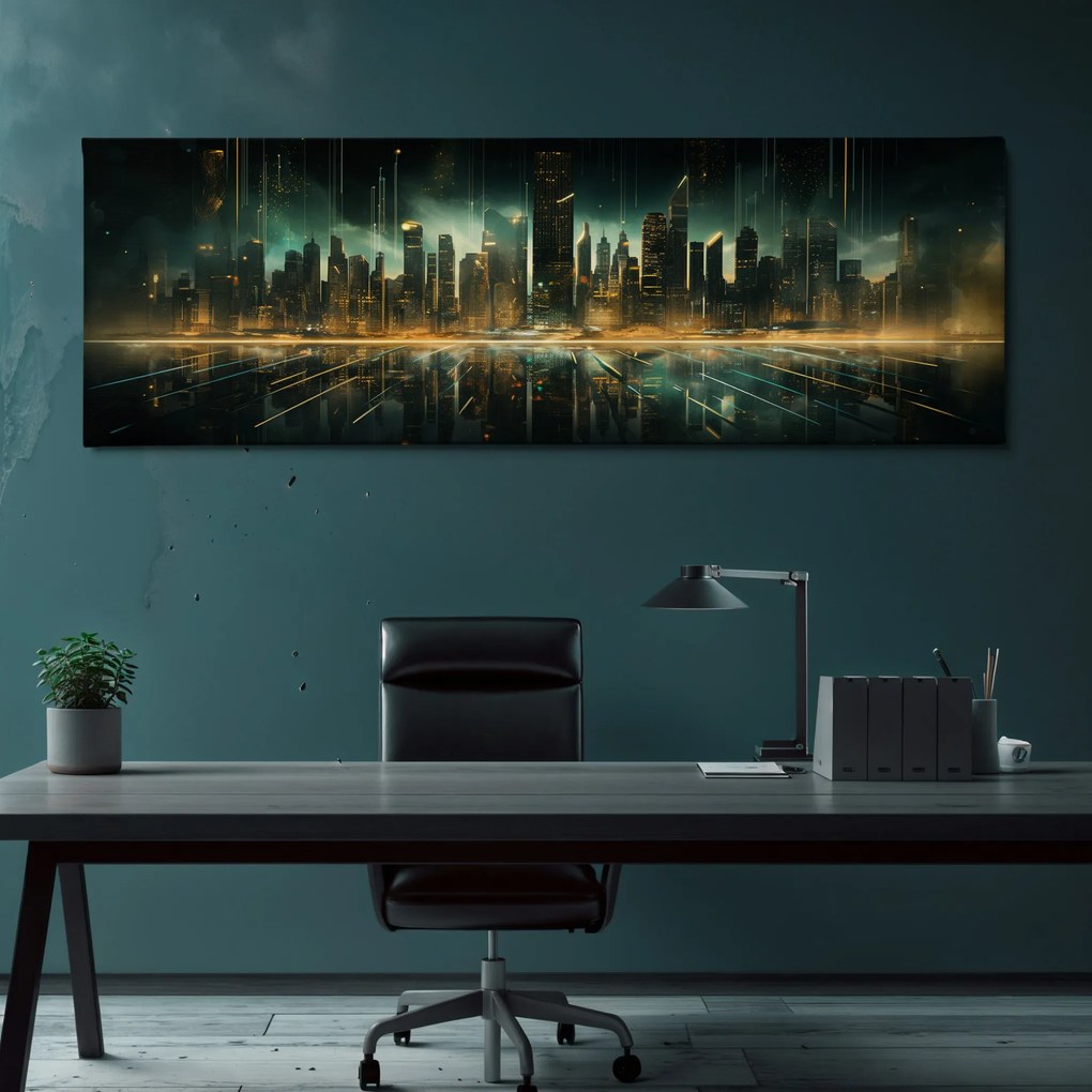 Obraz na plátně - Futuristické město - Zlatá Éra FeelHappy.cz Velikost obrazu: 120 x 40 cm