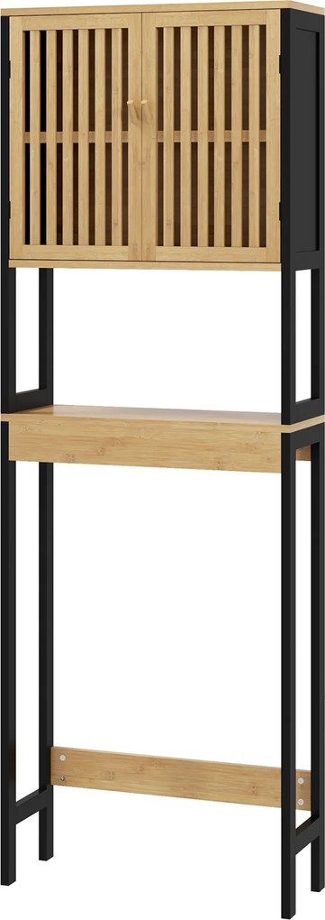 HOMCOM Kleankin Regál nad WC s koupelnovou skříňkou a 2 dveřmi, otevřeným policí 60D x 21,5Š x 172V cm, bambus - Přírodní dřevo a černá