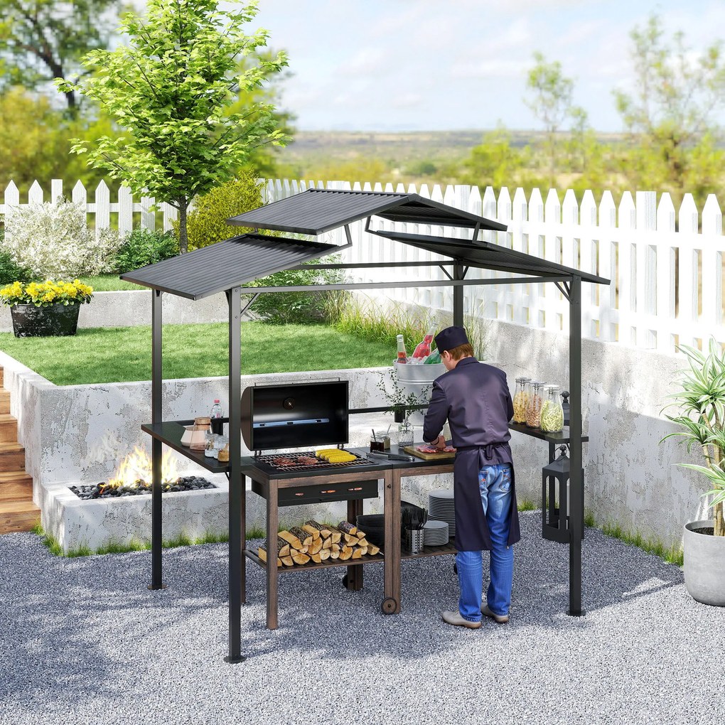 Grilovací Pavilion Outsunny 250 x 160 x 250 cm - Voděodolný Zahradní Pavilon s Dvojitým Středním Štítem, Bočními Policemi a UV Ochrannou, BBQ Pavilio…