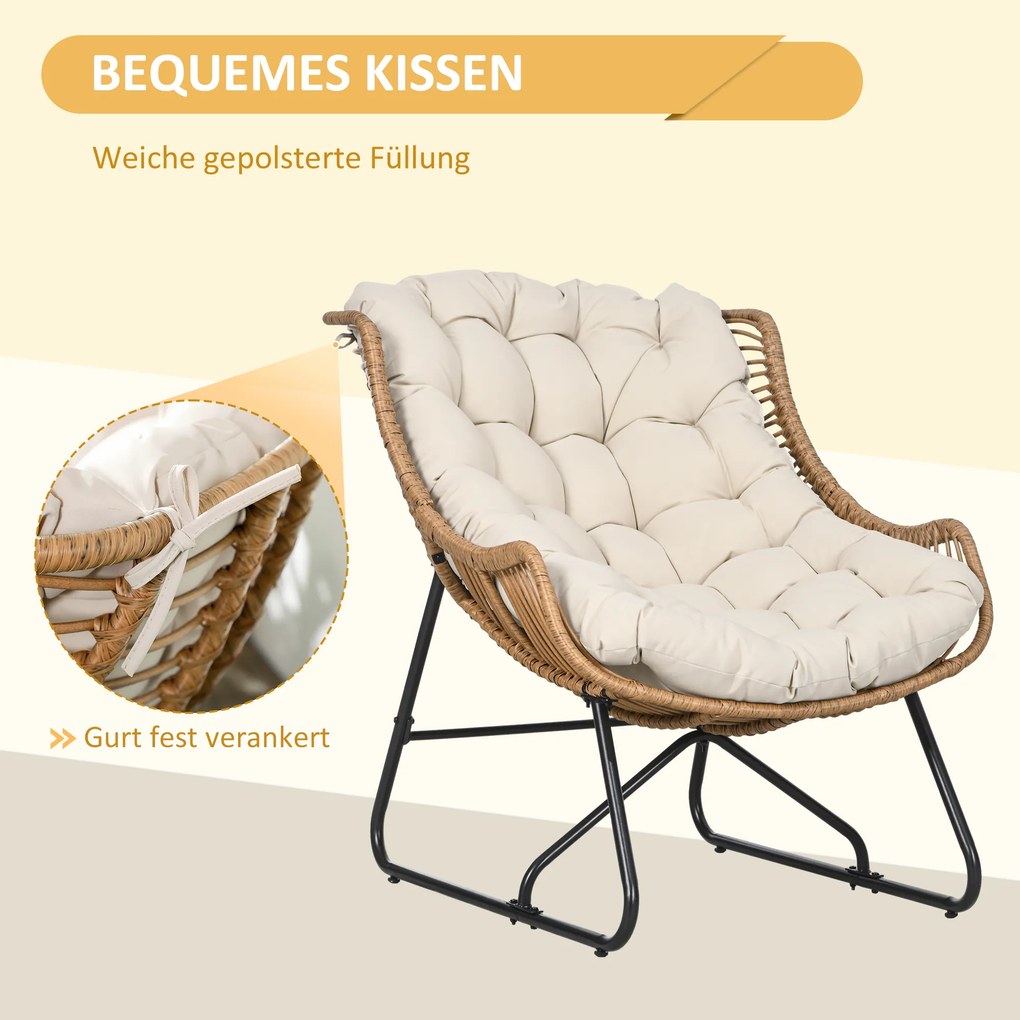 Outsunny Zahradní lehátko, ratanový vzhled, venkovní křeslo, s polštářem, kovový rám, 75x101x90 cm, přírodní/khaki/černá barva