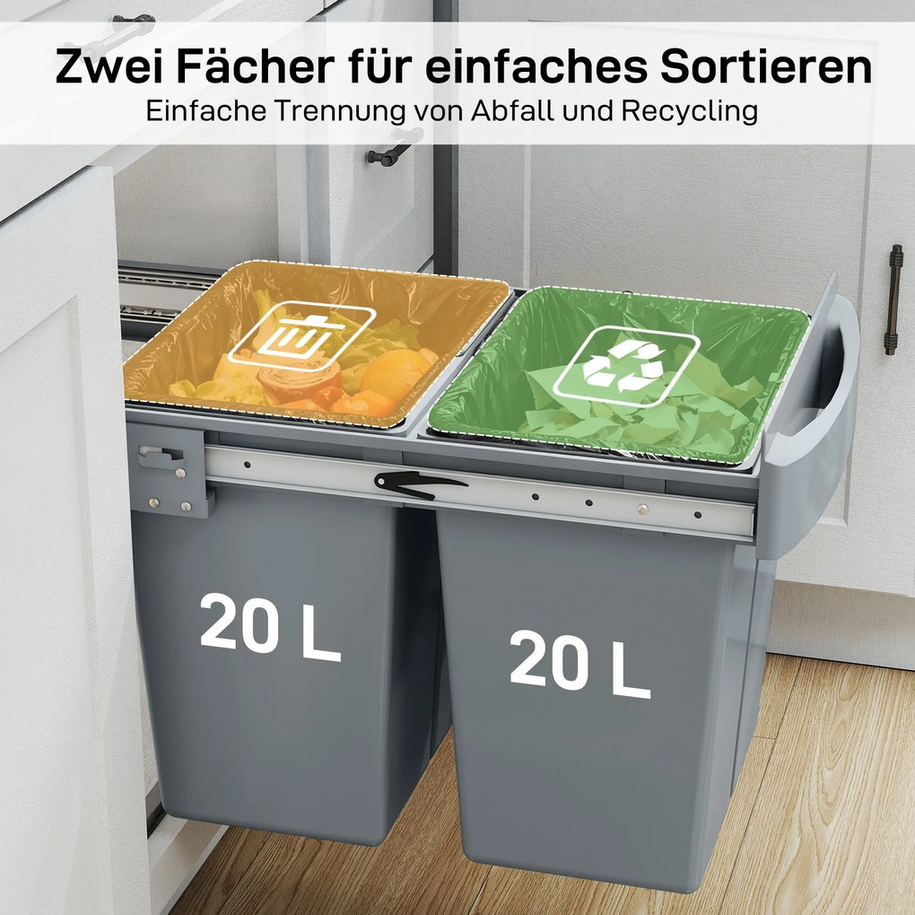 HOMCOM Vysunovací odpadkový koš, 2 x 20 L, vyjímatelné nádoby, plast, kov, šedá