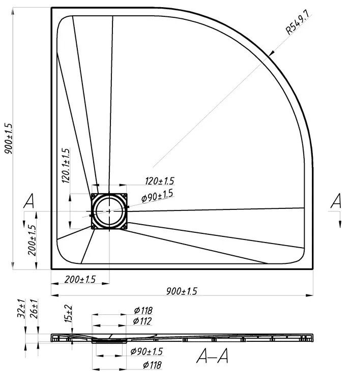 BPS-koupelny Čtvrtkruhová akrylátová sprchová vanička HYD-RSV-ALBA 90x90 šedá