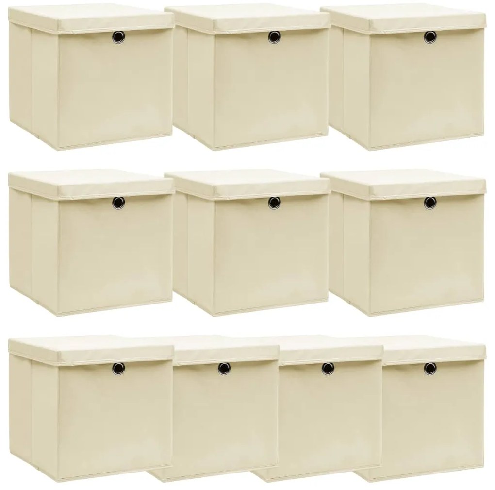 Úložné boxy s víky 10 ks krémové 32 x 32 x 32 cm textil 288360