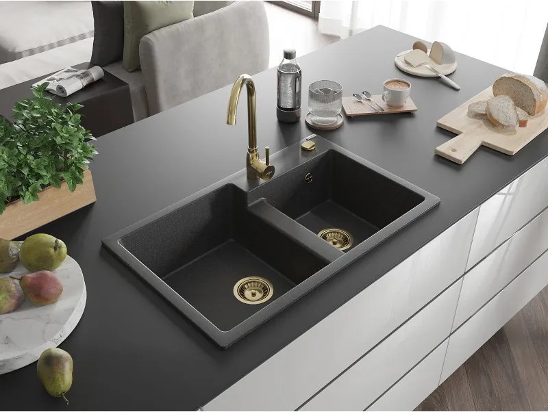 Mexen Tomas, granitový dřez 800x500x190 mm, 2-komorový, černá skvrnitá se zlatým sifonem, 6516802000-76-G