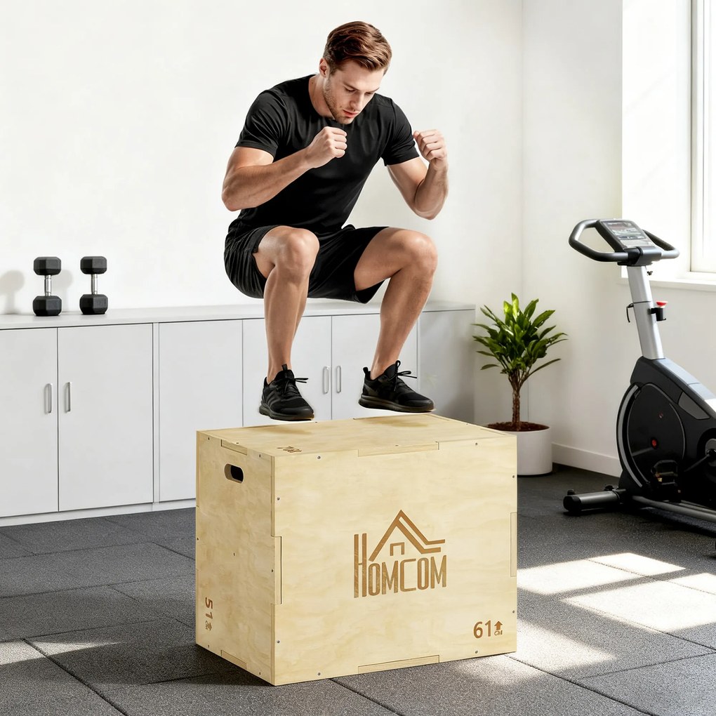 HOMCOM plyo Box 3 v 1 Dřevěný plyometrický box se 3 výškami skoku Rukojeti 61 x 51 x 76 cm Přírodní dřevo