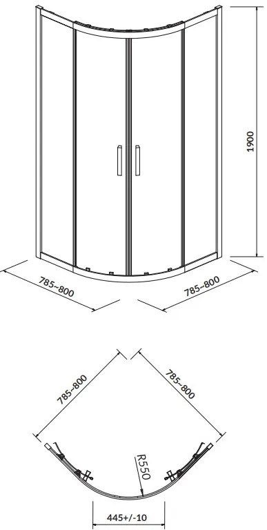 Cersanit Arteco, čtvrtkruhový sprchový kout 80x80x190cm, 5mm čiré sklo, chromový profil + sprchová vanička Tako, S601-113
