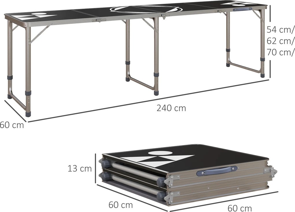Kempingový stůl, skládací, lehký, výškově nastavitelný, hliníkový rám, 240 x 60 x 54/62/70 cm, černý