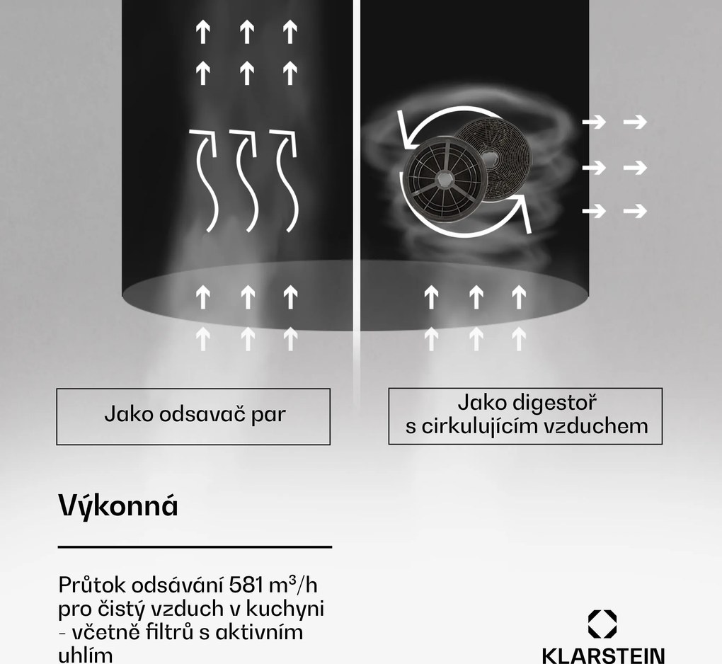 Klarstein Beretta Premium Smart, ostrůvková digestoř, 544 m³/h, aplikace, odsávání/recirkulace vzduchu, LED, filtr s aktivním uhlím