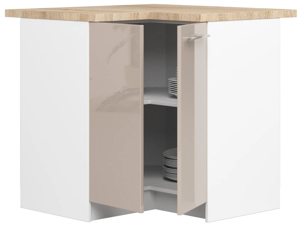 Rohová dolní kuchyňská skříňka Ozara S90 90 (bílá + cappuccino lesk). 1071150