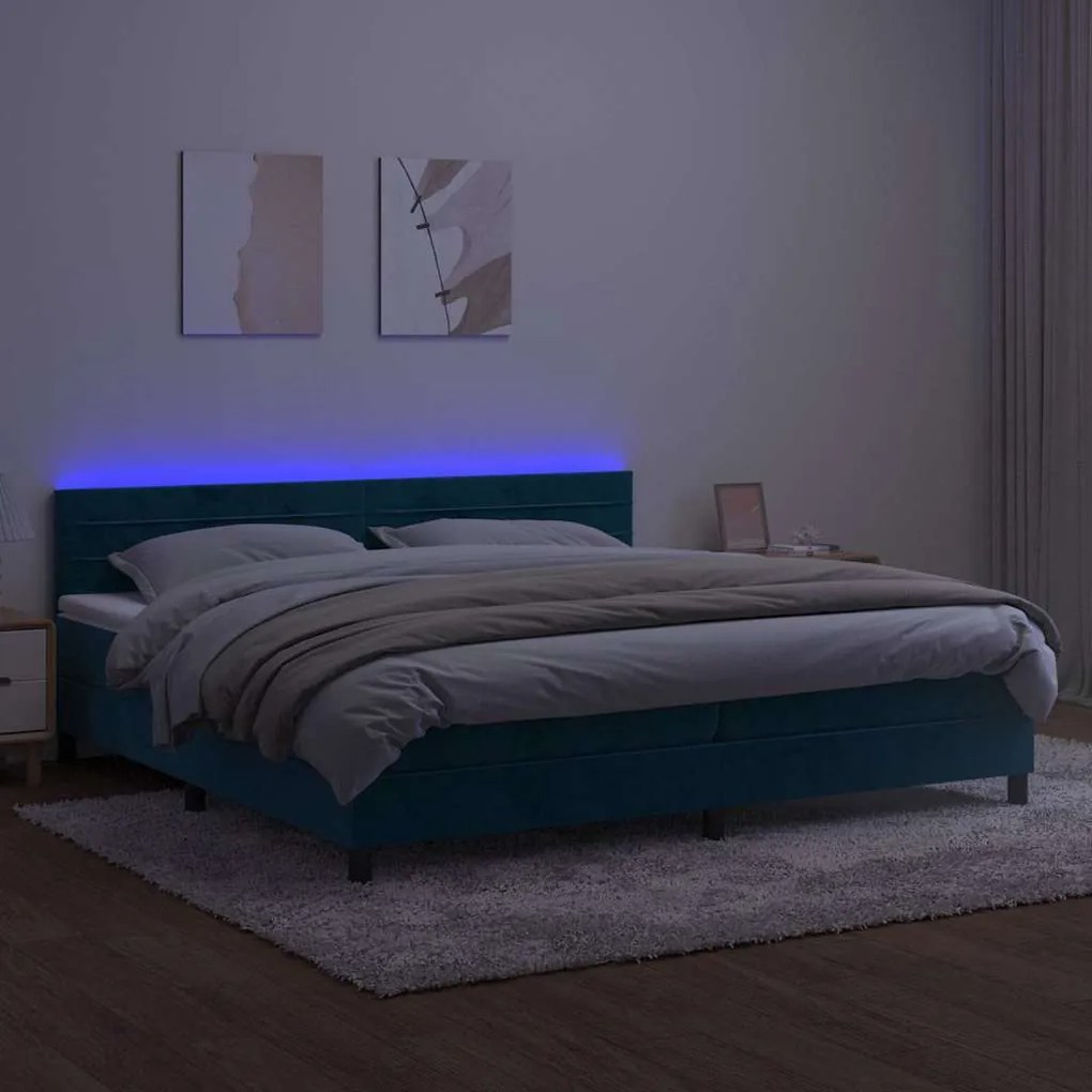 Box spring postel s matrací a LED tmavě modrá 200x200 cm samet 3134487