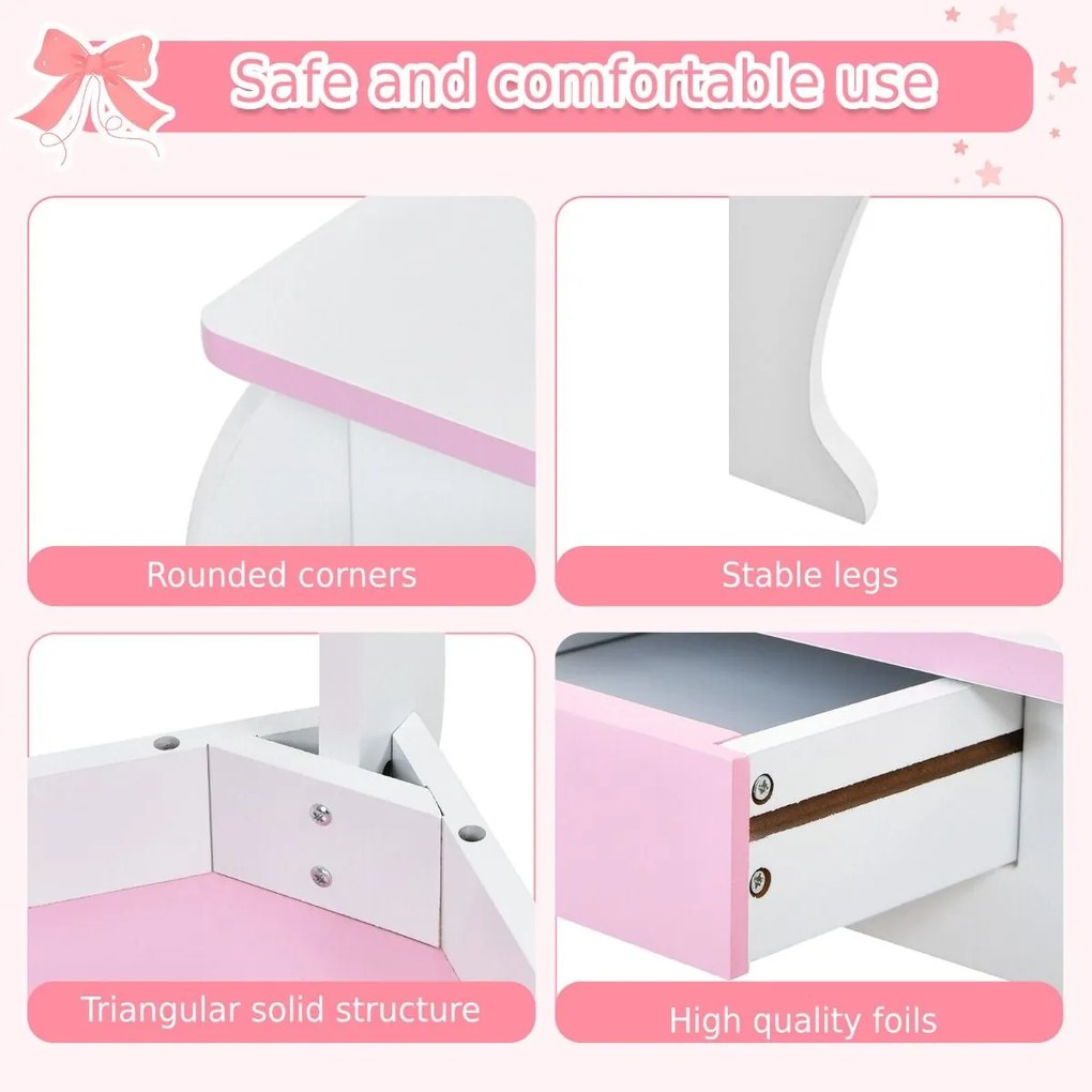 Dětský toaletní stolek s taburetkou, odnímatelným zrcadlem, růžový/bílý