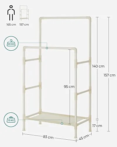 Stojan na kabáty, 2 tyče na oblečení, 1 police, bílý, 154x84x44 cm