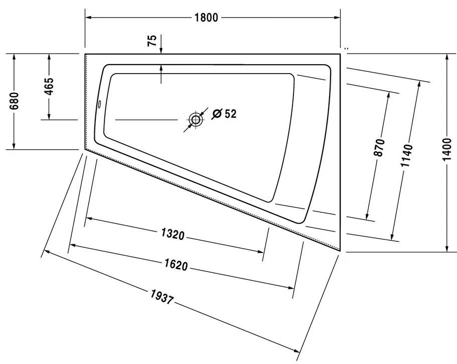 Duravit Paiova - vana 180x140 cm, s vytvarovaným sklonem pro záda na pravé straně, s panelem a nohami 700269000000000