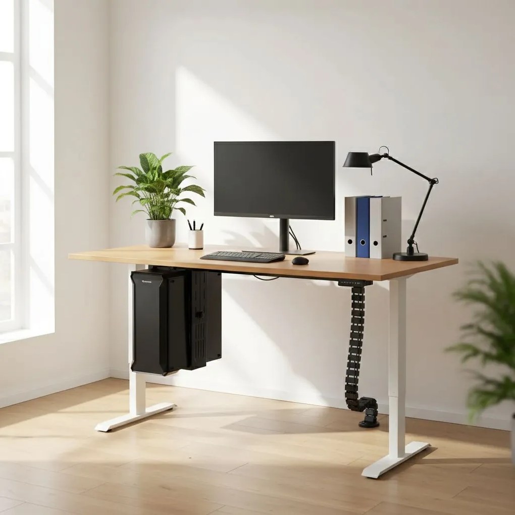 Výškově nastavitelný stůl OfficeTech C, 200 x 80 cm, bílá podnož, buk