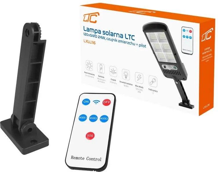 Venkovní solární LED osvětlení LTC LXLL116, 24W SMD, 1800lm, 1800mAh, PIR