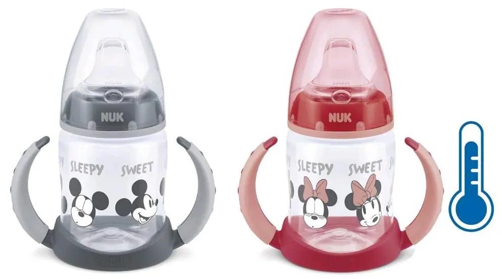 NUK kojenecká láhev na učení Disney Mickey s kontrolou teploty 150 ml červená