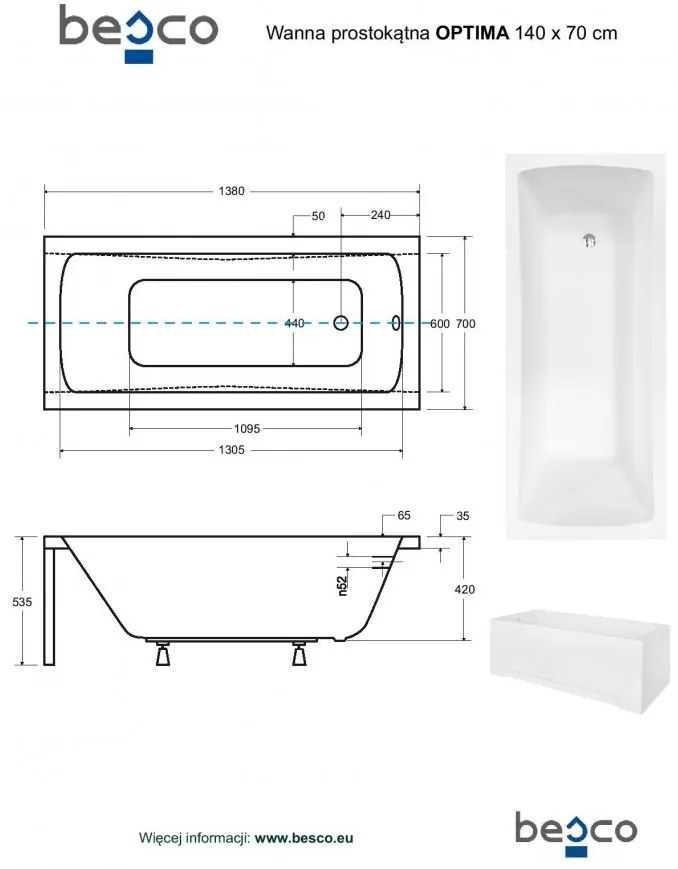 BESCO Obdélníková vana OPTIMA Nožičky k vaně - Bez nožiček, Rozměr vany - 140 × 70 cm VANOPT14