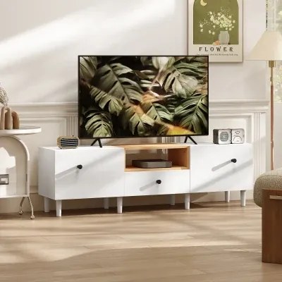 HOMCOM TV nábytek až do 177,8 cm s 2 sklápěcími dvířky, zásuvkou a otevřenou přihrádkou, dřevo, 150x35x45 cm, bílá a dřevěný vzhled