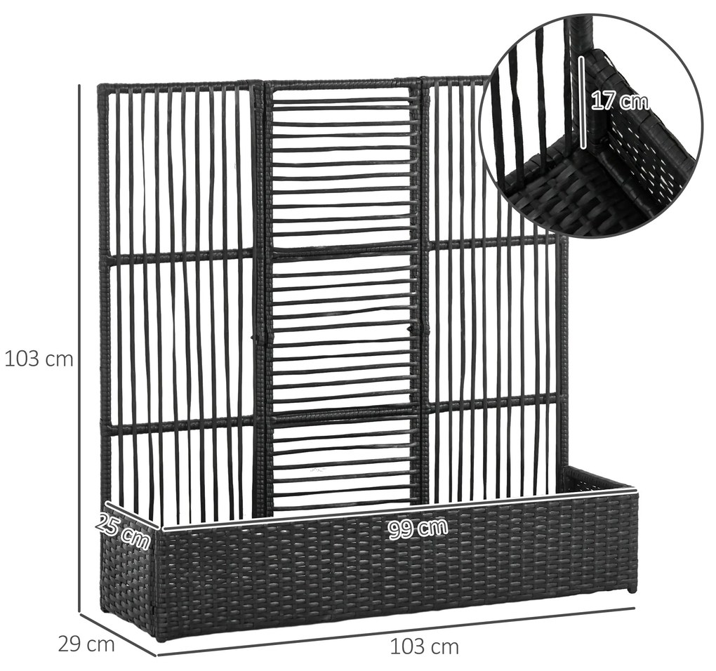 Outsunny Polyratanový vyvýšený záhon s mřížkou, truhlík na květiny, truhlík na rostliny, záhon, na zahradu, na balkon, černý, 103 x 29 cm