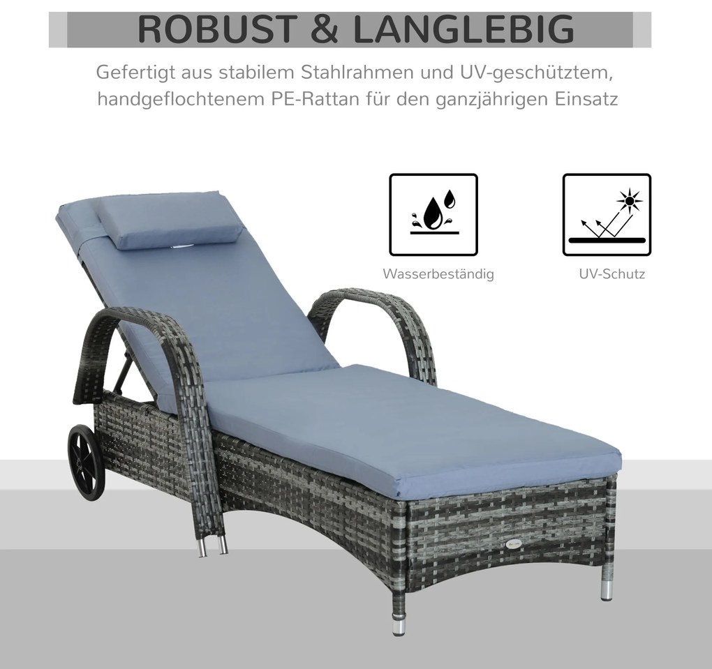 Zahradní nábytek Outsunny zahradní lehátko s poduškou, polyratan a kov, šedé, nastavitelné 200x73x30-103cm pro zahradu a terasu | Aosom.de