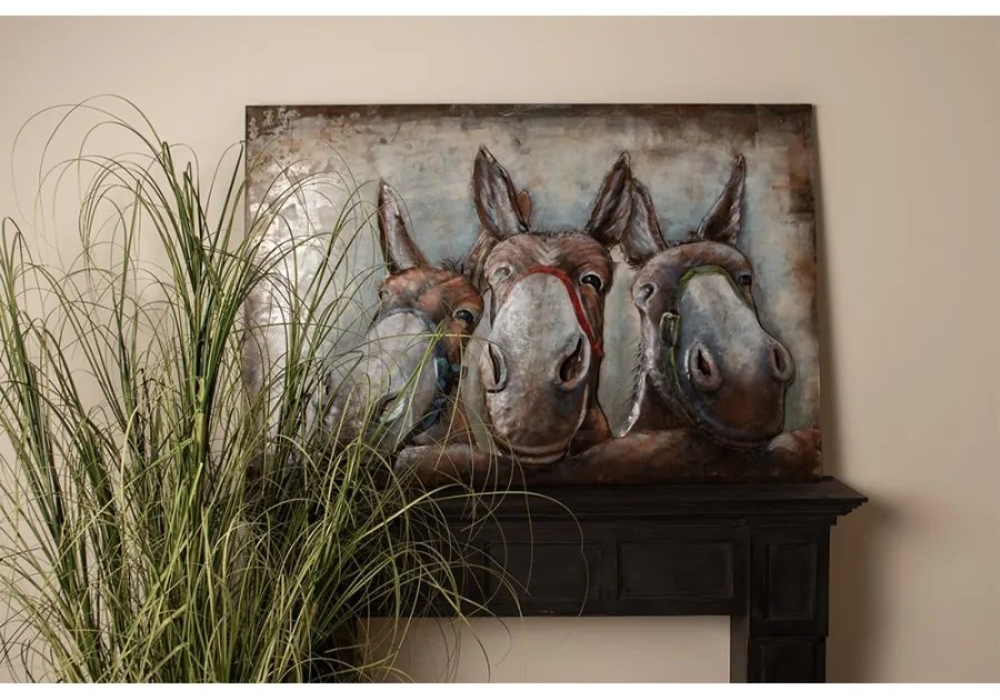 3D šedo-hnědý kovový obraz s oslíky Iron Donkey - 120*6*80 cm