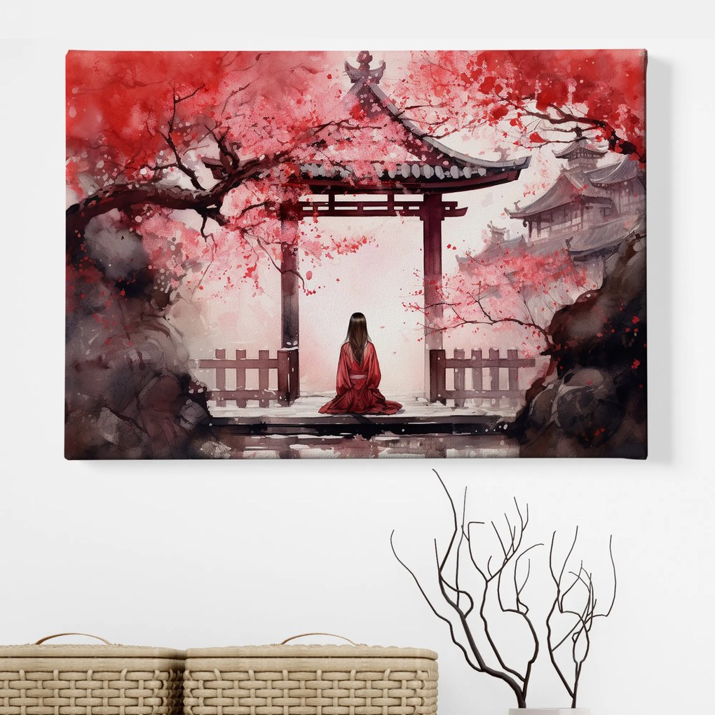 Obraz na plátně - Meditace, žena v bráně Torii FeelHappy.cz Velikost obrazu: 120 x 80 cm