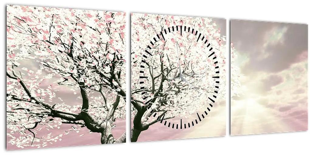 Růžový obraz stromu (s hodinami) (90x30 cm)