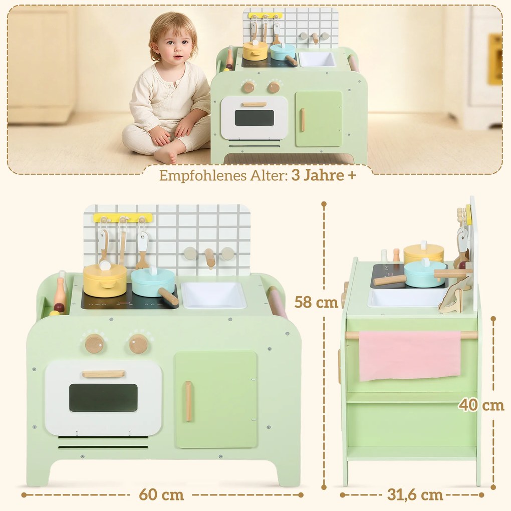 AIYAPLAY Dětská hrací sada do kuchyně, MDF, 15 doplňků, skříňky, 40 cm, od 3 let, zelená