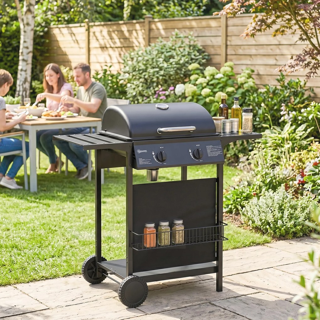 Outsunny Plynový gril 5 KW 2 hořáky BBQ grilovací vozík z nerezové oceli včetně bočního stolku spodní koš přední kryt teploměr smaltovaný grilovací r…