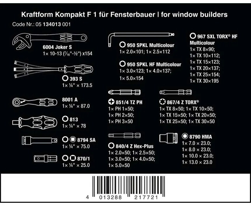 Wera 134013 Šroubovací nástroje Kraftform Kompakt F 1 pro výrobce oken (Sada 35 dílů)
