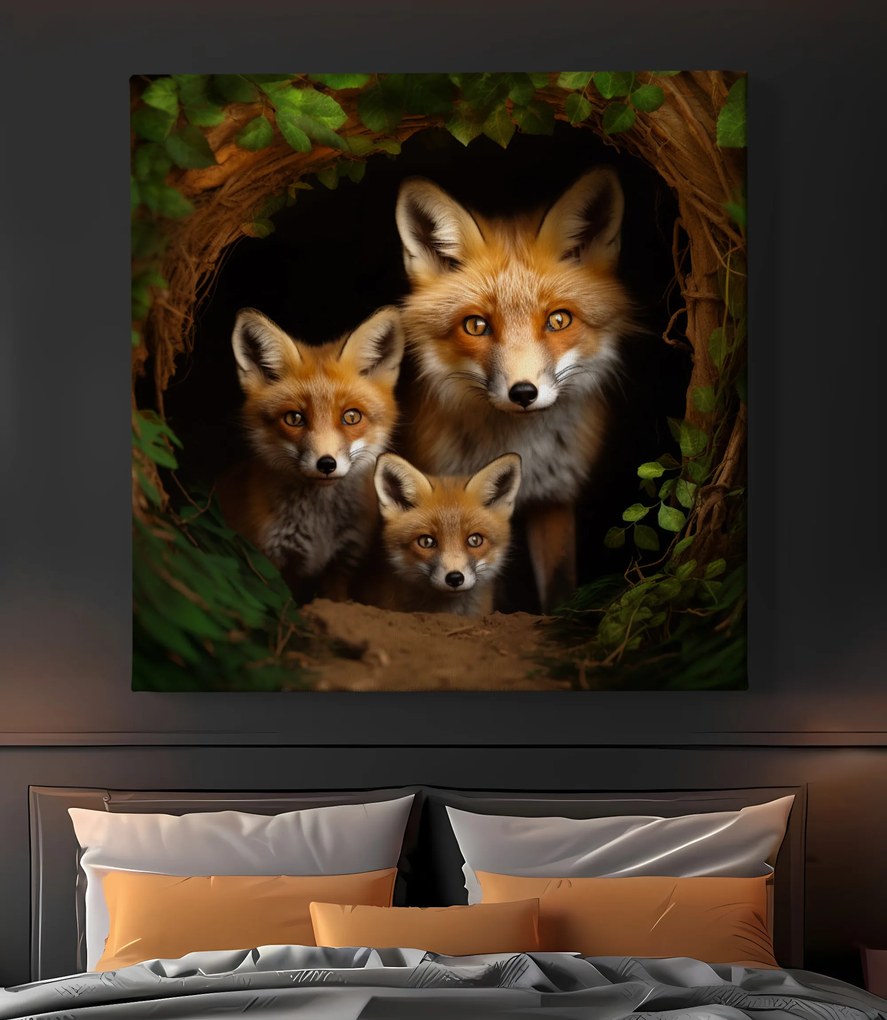 Obraz na plátně - V liščí noře, liška s liščaty FeelHappy.cz Velikost obrazu: 80 x 80 cm