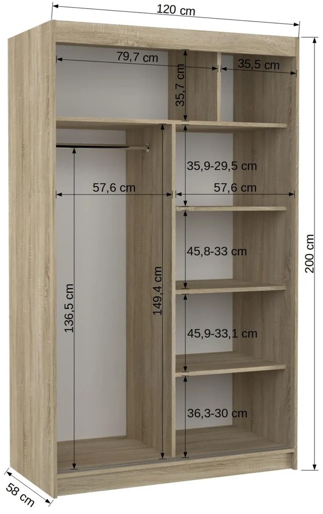 Šatní skříň s posuvnými dveřmi Bario - 120 cm Barva: Bílá